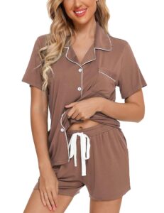 gepansis button down pajama sets women short sleeve summer sleepwear set 2 piece pj set light brown medium