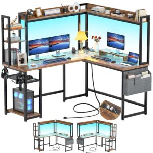 aheaplus l shaped desk with power outlet, l shaped gaming desk with led light & hutch, reversible home office desk, corner computer desk writing desk with monitor stand & storage shelf, rustic brown