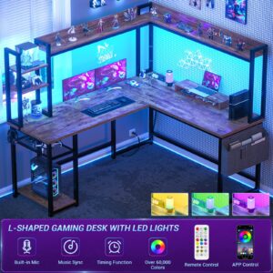 Aheaplus L Shaped Desk with Power Outlet, L Shaped Gaming Desk with Led Light & Hutch, Reversible Home Office Desk, Corner Computer Desk Writing Desk with Monitor Stand & Storage Shelf, Rustic Brown