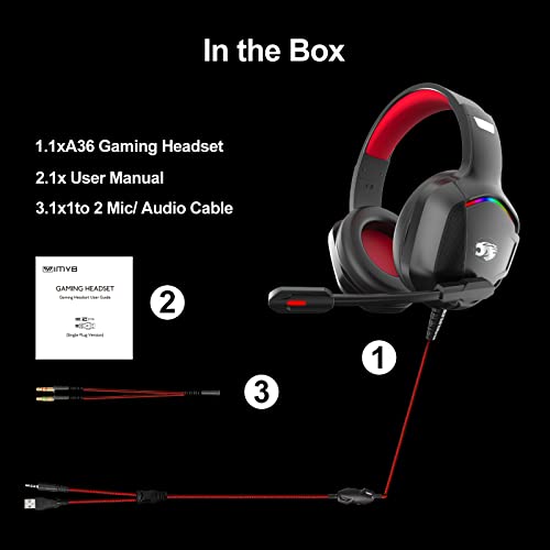 Gaming Headset with Microphone for Pc, Xbox One Series X/s, Ps4, Ps5, Switch, Stereo Wired Noise Cancelling Over-Ear Headphones with Mic, RGB, for Computer, Laptop, Mac, Nintendo, Gamer (Red)