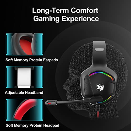 Gaming Headset with Microphone for Pc, Xbox One Series X/s, Ps4, Ps5, Switch, Stereo Wired Noise Cancelling Over-Ear Headphones with Mic, RGB, for Computer, Laptop, Mac, Nintendo, Gamer (Red)