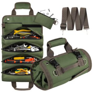 tool bag roll up, uup heavy duty tool organizer for men women, portable tool storage box with 2 detachable zipper pouch, compact small carrier bag for electrician mechanic, father day dad gifts, green