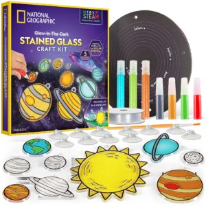 national geographic kids window art kit - stained glass solar system arts & crafts kit with glow in the dark planets, use as window suncatchers, hanging decor from ceiling, mobile, space room decor