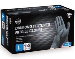 amozife 8 mil disposable nitrile industrial gloves with raised diamond texture, powder & latex free, tear resistant, black, x-large