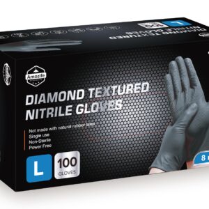 Amozife 8 Mil Disposable Nitrile Industrial Gloves with Raised Diamond Texture, Powder & Latex Free, Tear Resistant, Black, X-Large