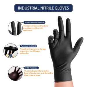 Amozife 8 Mil Disposable Nitrile Industrial Gloves with Raised Diamond Texture, Powder & Latex Free, Tear Resistant, Black, X-Large