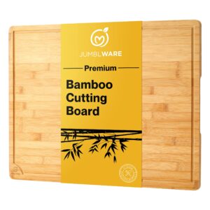 jumblware bamboo cutting board. heavy duty wooden chopping block tray with handles & juice groove for meat, cheese, fruits, vegetables & charcuterie. kitchen gift for men & women. large, 24” x 18”