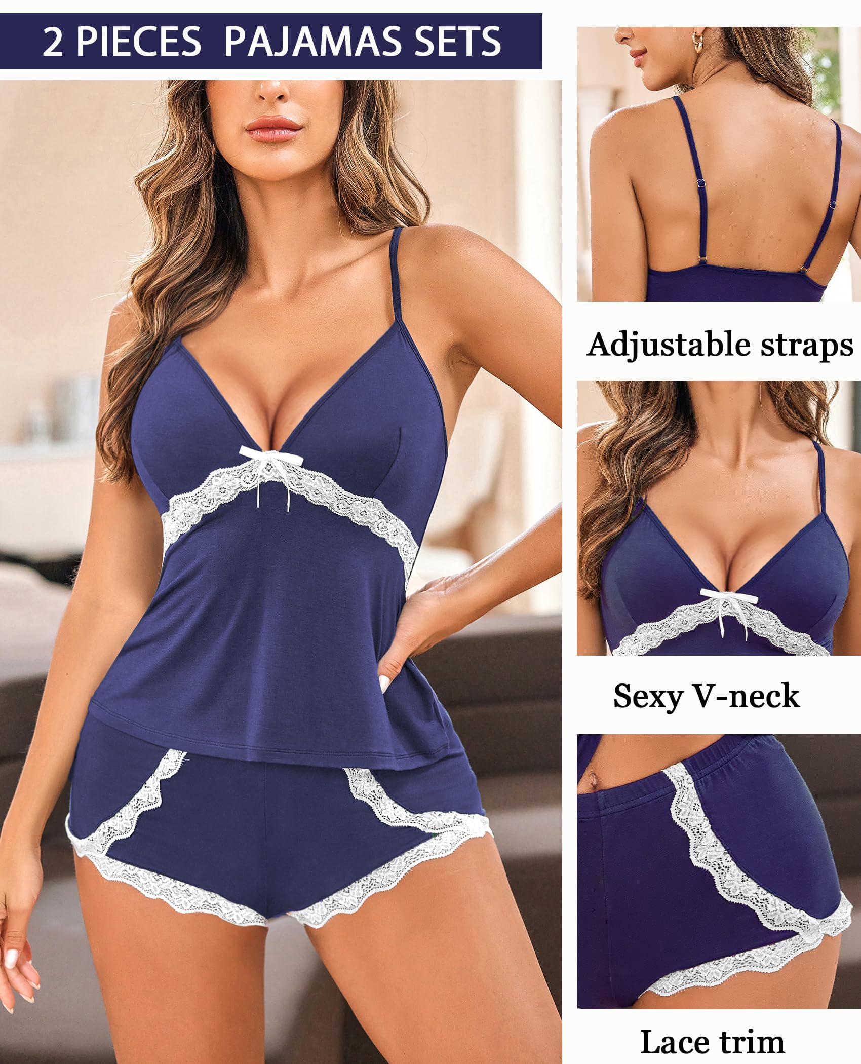 Avidlove Pajama Set Summer Short Sleepwear Sexy Modal PJ Cami Shorts Set Nightwear Set (Blue,XL)