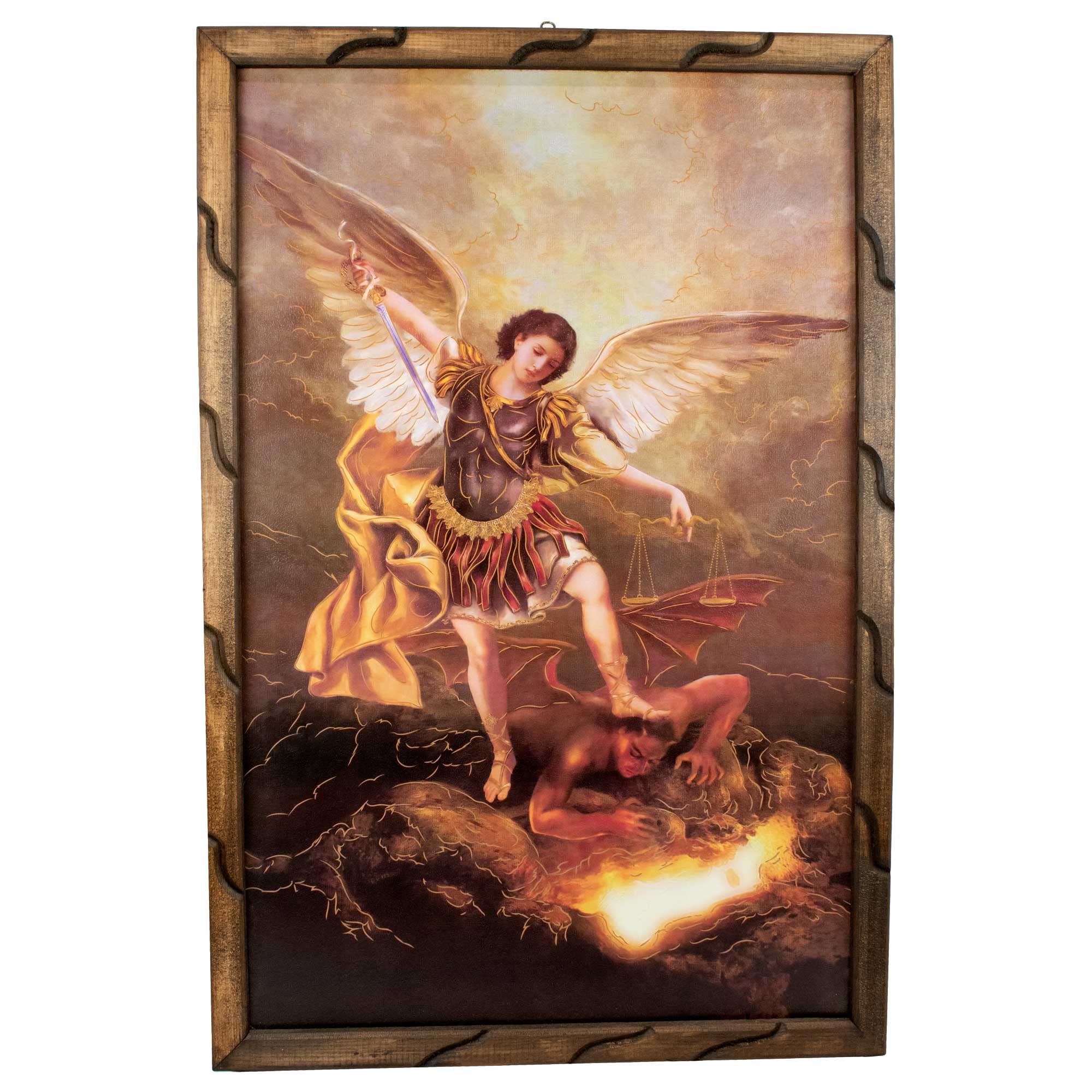 DVDMATINEMOVIES - St. Michael Archangel Oil painting, Special Wooden Rustic Frame 24" x 36" inches St. Michael Archangel Art, San Miguel Cuadro rustico, Acrylic Coating, wall hang, wall decor, General Purposes