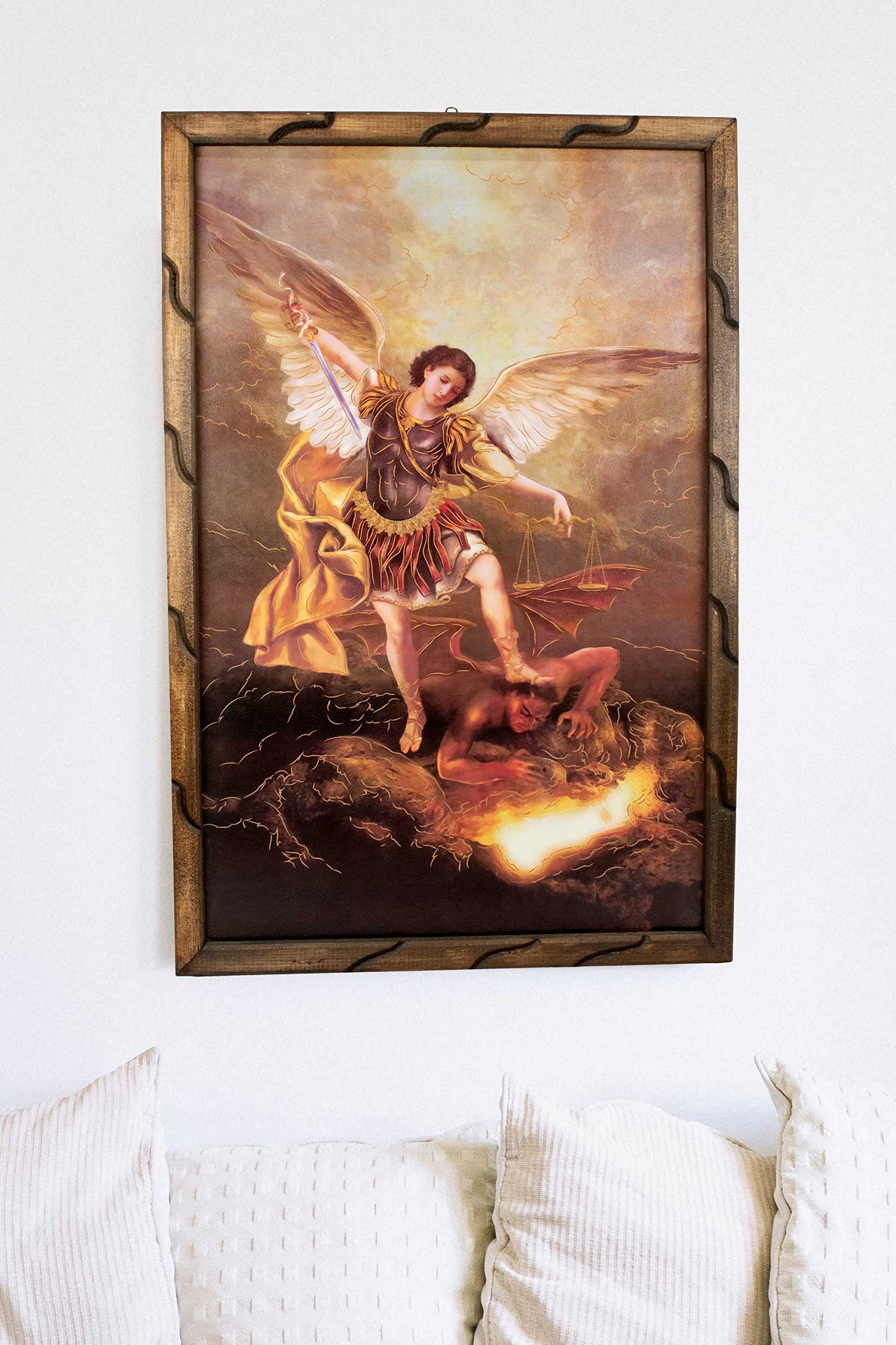 DVDMATINEMOVIES - St. Michael Archangel Oil painting, Special Wooden Rustic Frame 24" x 36" inches St. Michael Archangel Art, San Miguel Cuadro rustico, Acrylic Coating, wall hang, wall decor, General Purposes