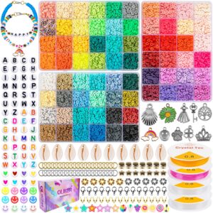 oliker 12600 pcs clay beads for bracelet making kit,72 colors flat round polymer clay beads spacer heishi beads for jewelry making for girls 8-12 with pendant charms kit