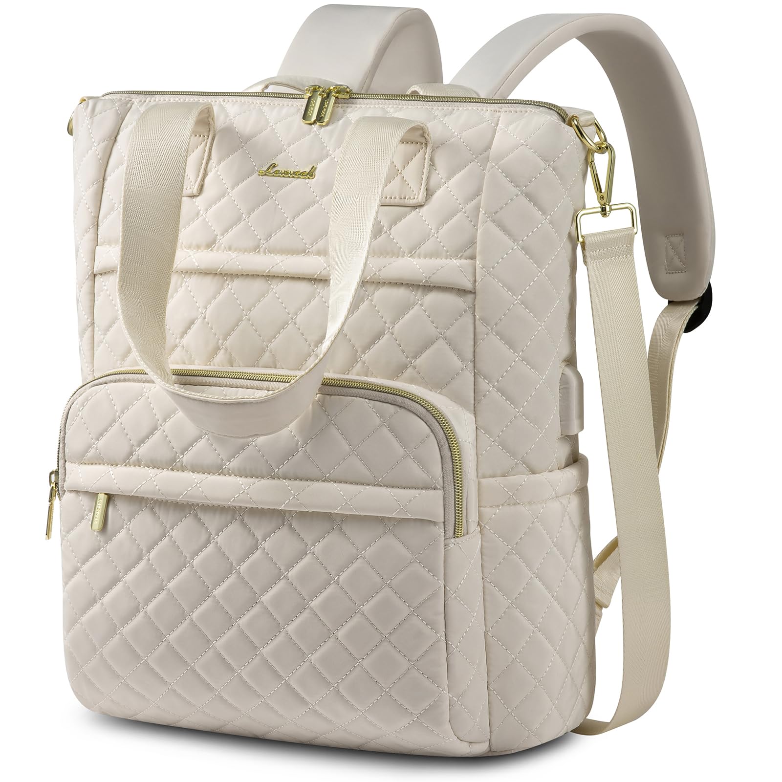 LOVEVOOK Laptop Backpack for Women 15.6 inch,Diamond Quilted Convertible Backpack Tote Laptop Computer Work Bag,Cute Womens Travel Backpack Purse College Teacher Carry on Back pack with USB Port,Beige