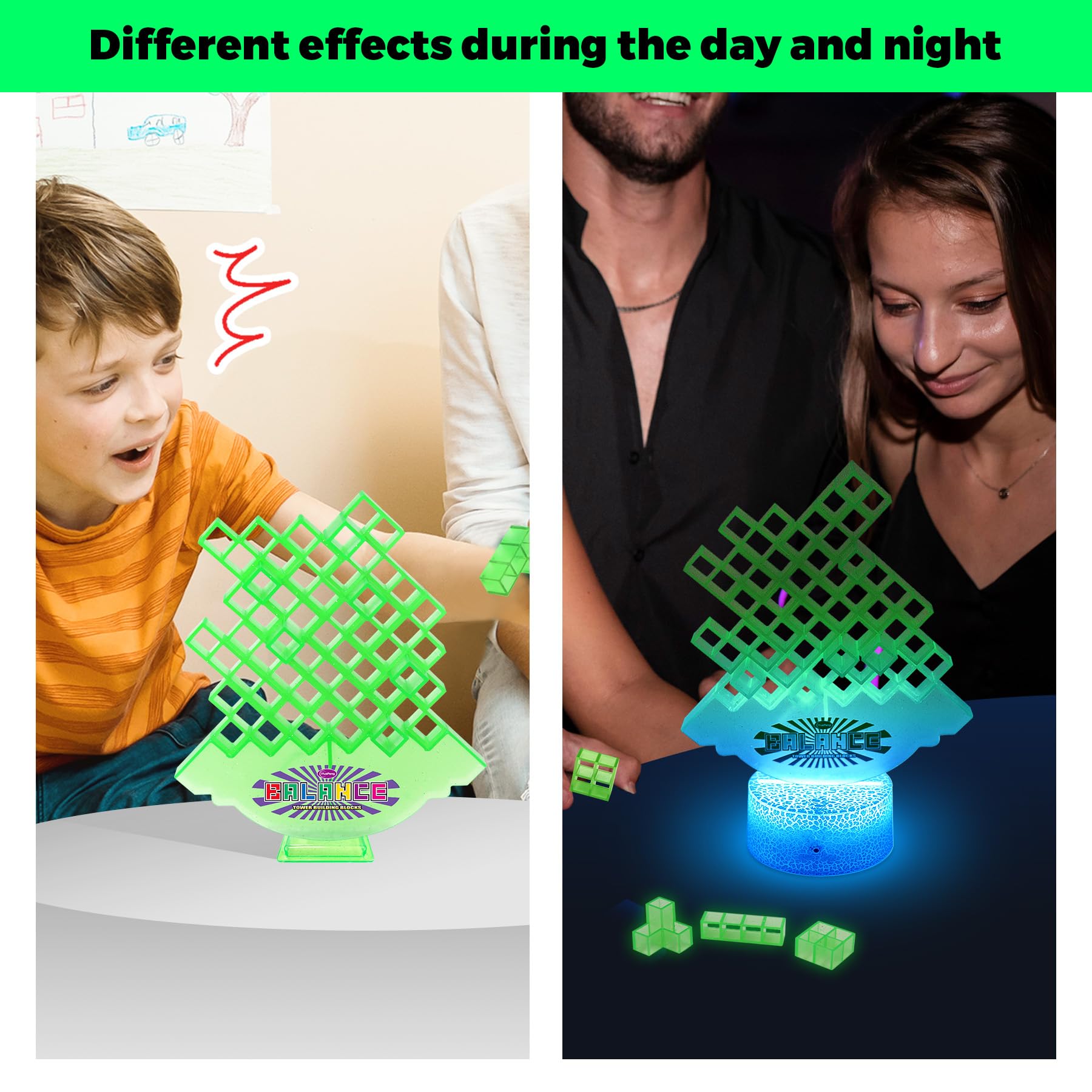 LED Glow in The Dark Stacking Game -Tumble Tetra Balance Tower Game with Color Changing Lights - Suspend Board Games for Adults & Family - Great for Summer Parties, Raves, or Blacklight