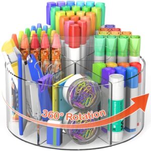 mefirt acrylic pen holder, large 360 degree rotating pen organizer, rotating desk organizer acrylic office organizer with 6 compartments, marker organizer kid crayon caddy art supply storage organizer