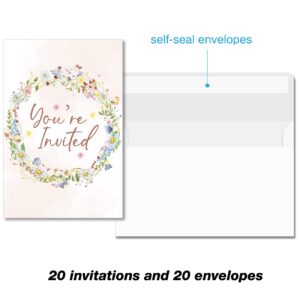 Soiceu Wildflower Garden Party Invitations with Envelopes Set of 20 Watercolor Wildflower Birthday Party Invites Fill in Blank