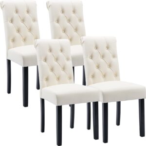 lzareal tufted parsons dining chair set of 4 leather living room armless side chair, upholstered kitchen chair with solid wood legs for home kitchen & restaurant, pu cream