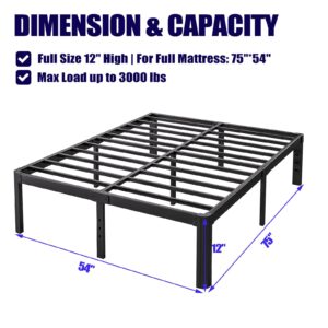 Hunlostten 12" Full Size Bed Frame No Box Spring Needed, Heavy Duty Metal Platform Bed Frame Full with Round Corners, Easy Assembly, Noise Free, Black