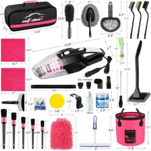 AUTODECO 41Pcs Car Cleaning Wash Kit Interior Detailing Cleaner Kit with High Power Handheld Vacuum, Collapsible Bucket, Windshield Tool, Gel, Snow Shovel, Tire Brush, Complete Car Care Tools, Pink