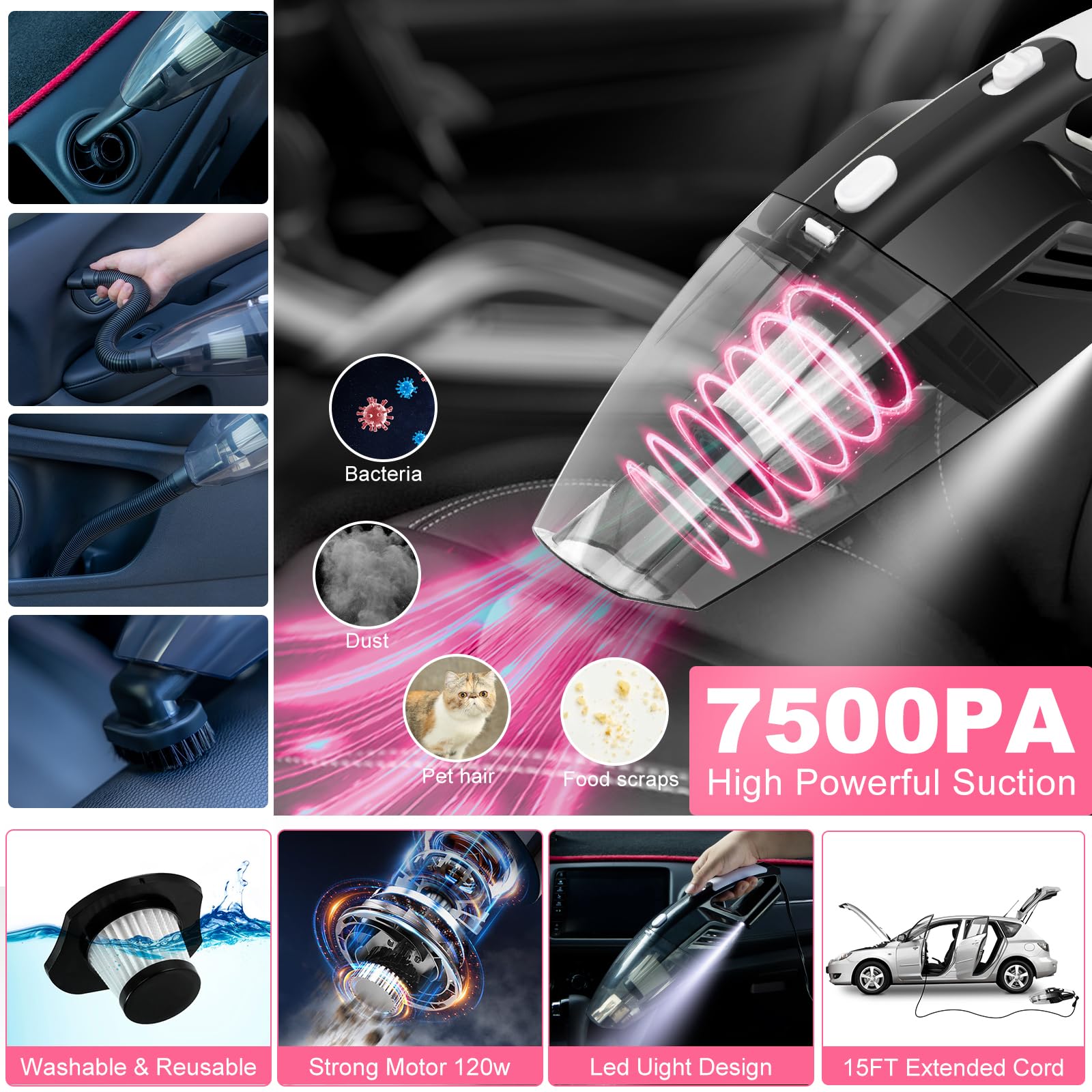 AUTODECO 41Pcs Car Cleaning Wash Kit Interior Detailing Cleaner Kit with High Power Handheld Vacuum, Collapsible Bucket, Windshield Tool, Gel, Snow Shovel, Tire Brush, Complete Car Care Tools, Pink