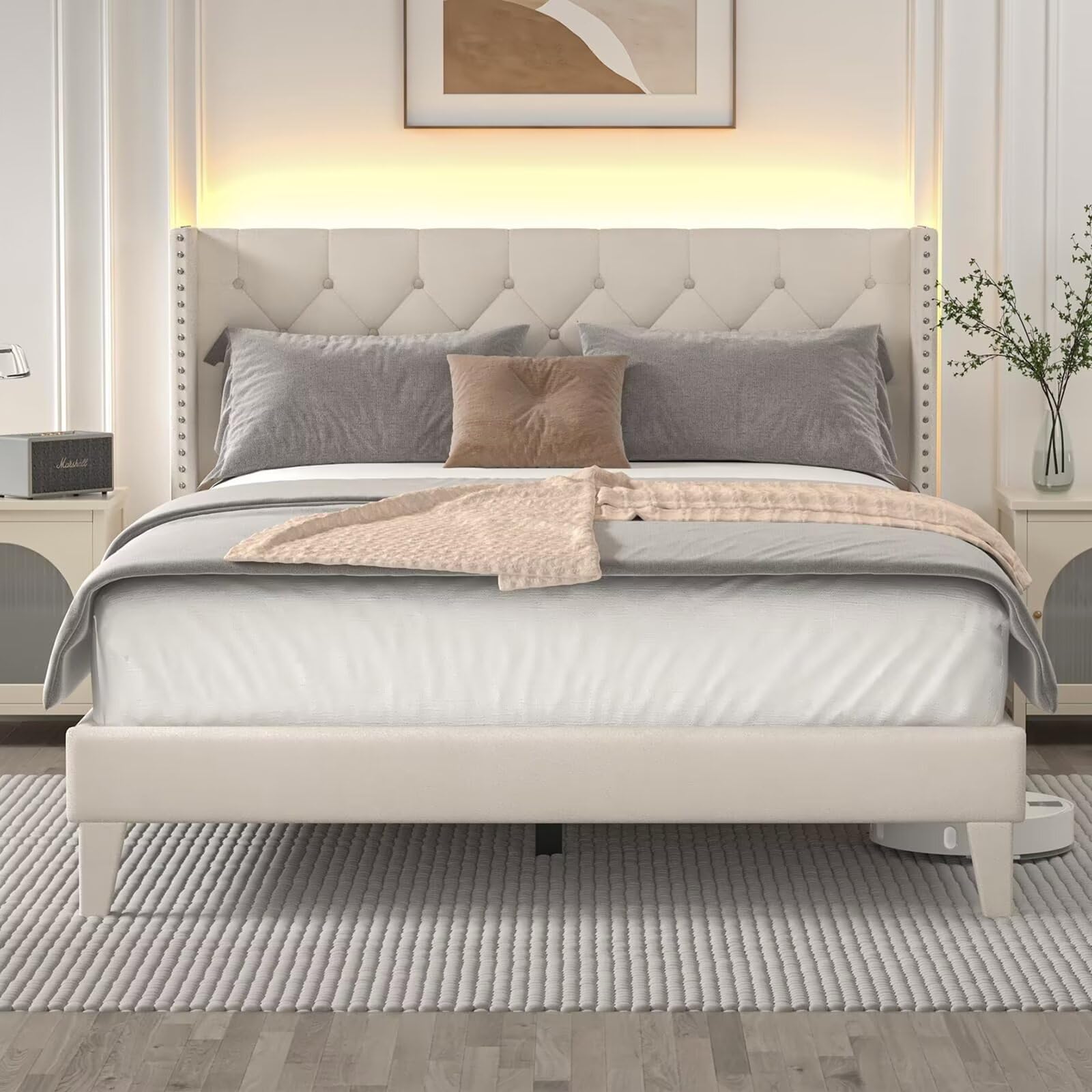 DOGIBIXO Queen Size Bed Frame with LED Lights, Upholstered Bed Frame with Wingback Diamond Tufted Headboard, Wood Slats Support, Noise-Free, Easy Assembly, No Box Spring Needed, Beige