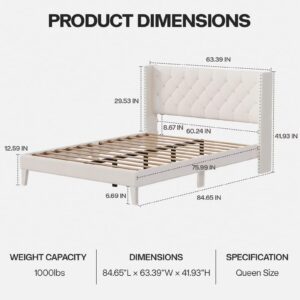 DOGIBIXO Queen Size Bed Frame with LED Lights, Upholstered Bed Frame with Wingback Diamond Tufted Headboard, Wood Slats Support, Noise-Free, Easy Assembly, No Box Spring Needed, Beige