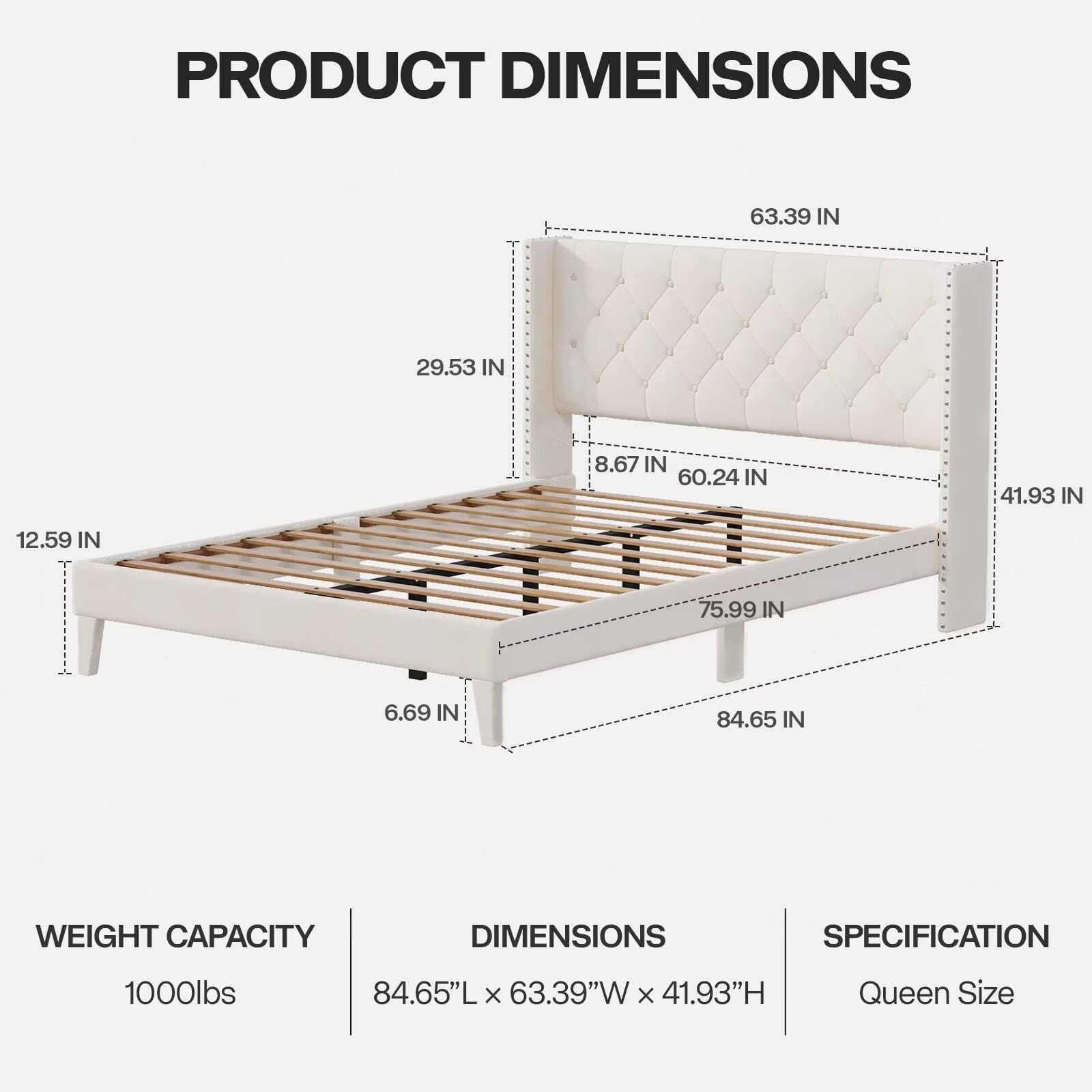 DOGIBIXO Queen Size Bed Frame with LED Lights, Upholstered Bed Frame with Wingback Diamond Tufted Headboard, Wood Slats Support, Noise-Free, Easy Assembly, No Box Spring Needed, Beige