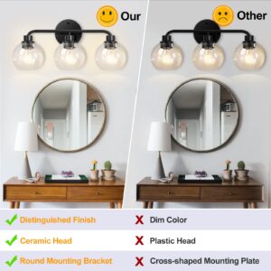 Bathroom Light Fixtures Black Vanity Light, 3 Light Modern Wall Sconces Lighting Bathroom Lights with Globe Clear Glass Shades, Bath Wall Lights Wall Lamp for Mirror Kitchen Living Room Hallway