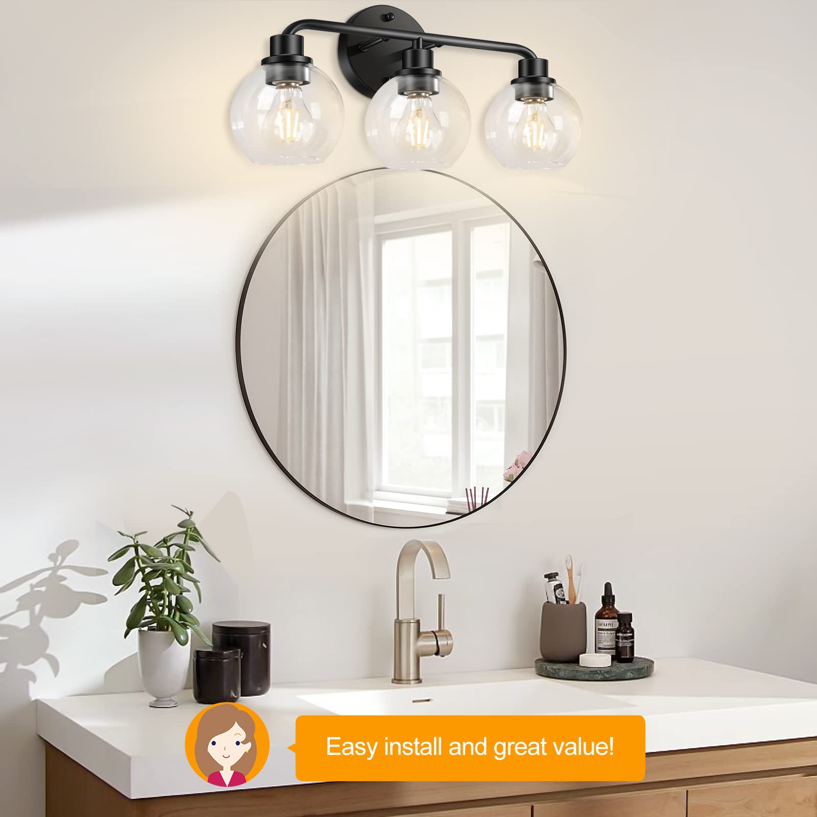 Bathroom Light Fixtures Black Vanity Light, 3 Light Modern Wall Sconces Lighting Bathroom Lights with Globe Clear Glass Shades, Bath Wall Lights Wall Lamp for Mirror Kitchen Living Room Hallway