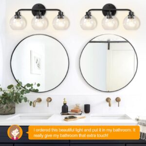 Bathroom Light Fixtures Black Vanity Light, 3 Light Modern Wall Sconces Lighting Bathroom Lights with Globe Clear Glass Shades, Bath Wall Lights Wall Lamp for Mirror Kitchen Living Room Hallway