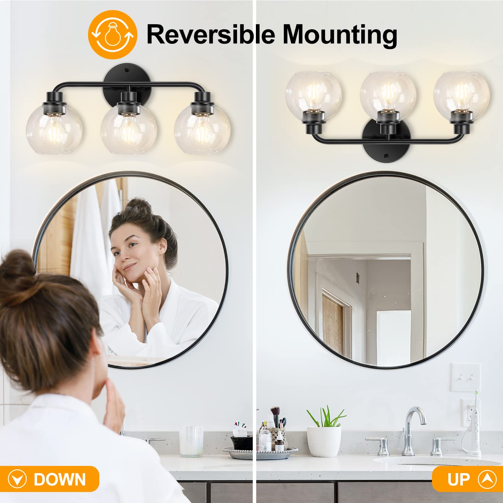 Bathroom Light Fixtures Black Vanity Light, 3 Light Modern Wall Sconces Lighting Bathroom Lights with Globe Clear Glass Shades, Bath Wall Lights Wall Lamp for Mirror Kitchen Living Room Hallway