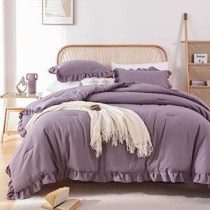 janzaa comforters queen size grayish purple comforter set queen 3pcs(1 ruffled comforter set and 2 pillowcases) shabby chic bedding vintage soft fluffy bed set for all season