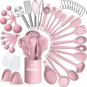 silicone cooking kitchen utensil set, aikkil 43 pcs pink cooking utensils set, turner, tongs, spoon, spatula, kitchen gadgets tools set for nonstick cookware, heat resistant (dishwasher, bpa free)