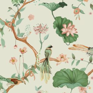 glorytik 16.14" x 118" floral peel and stick wallpaper lotus leaf birds self adhesive wallpaper flowers contact paper beige/green/pink removable wallpaper for room wall cabinets decoration