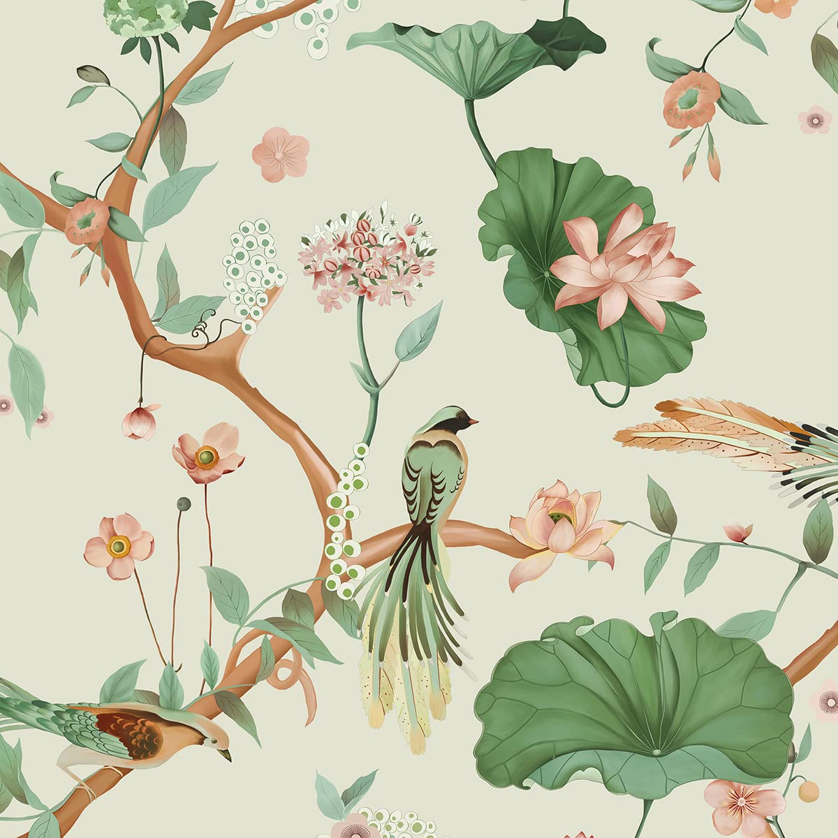 GloryTik 16.14" x 118" Floral Peel and Stick Wallpaper Lotus Leaf Birds Self Adhesive Wallpaper Flowers Contact Paper Beige/Green/Pink Removable Wallpaper for Room Wall Cabinets Decoration