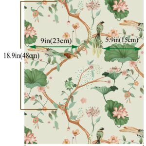 GloryTik 16.14" x 118" Floral Peel and Stick Wallpaper Lotus Leaf Birds Self Adhesive Wallpaper Flowers Contact Paper Beige/Green/Pink Removable Wallpaper for Room Wall Cabinets Decoration