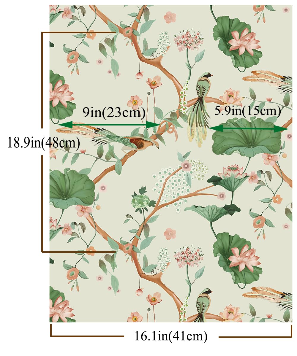 GloryTik 16.14" x 118" Floral Peel and Stick Wallpaper Lotus Leaf Birds Self Adhesive Wallpaper Flowers Contact Paper Beige/Green/Pink Removable Wallpaper for Room Wall Cabinets Decoration