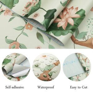 GloryTik 16.14" x 118" Floral Peel and Stick Wallpaper Lotus Leaf Birds Self Adhesive Wallpaper Flowers Contact Paper Beige/Green/Pink Removable Wallpaper for Room Wall Cabinets Decoration