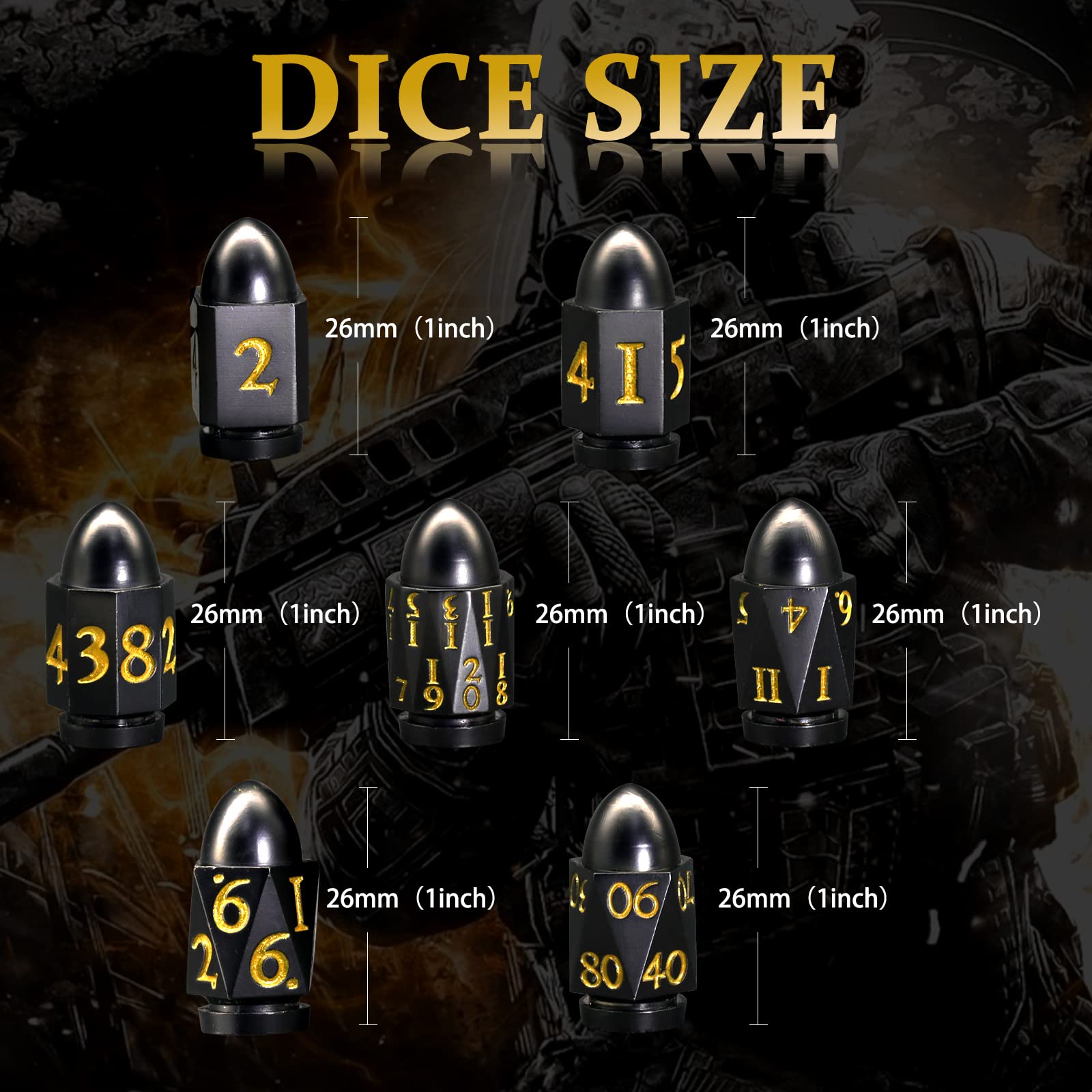 Bullet Metal DND Dice, HNCCESG Dungeons and Dragons D&D Dice RGB D and D Dice Unique Cool DND Dice Set for Role Playing Table Board Games Warhammer Shadowrun (Bullet Black Gold)