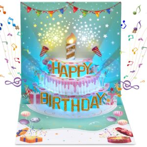 viviken musical birthday cards, 3d pop up light blowable cake happy birthday cards with music and cheers sound, funny popup greeting card birthday gifts for kids, women, men, daughter, mom