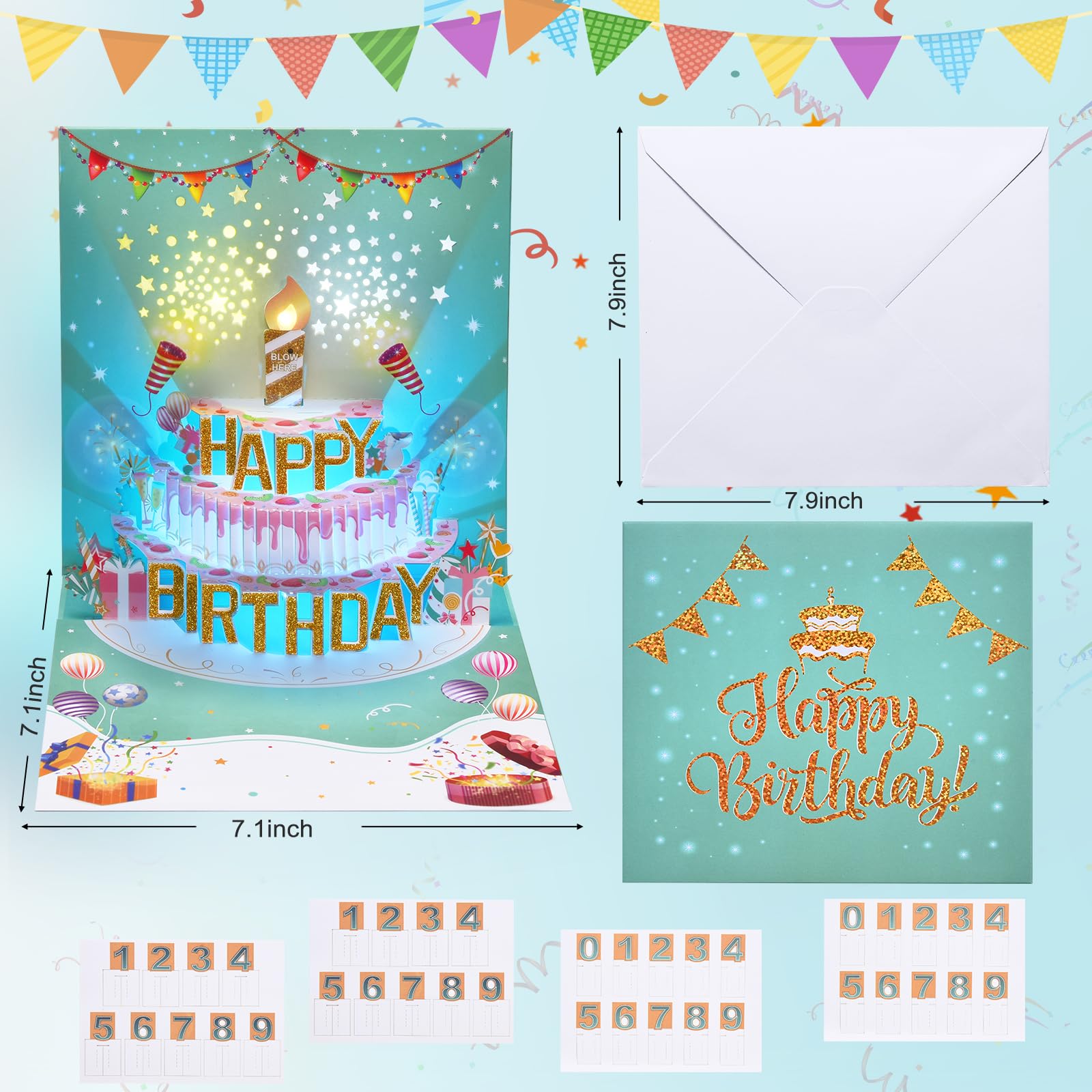 VIVIKEN Musical Birthday Cards, 3D Pop Up LIGHT Blowable Cake Happy Birthday Cards with Music and Cheers Sound, Funny Popup Greeting Card Birthday Gifts for Kids, Women, Men, Daughter, Mom