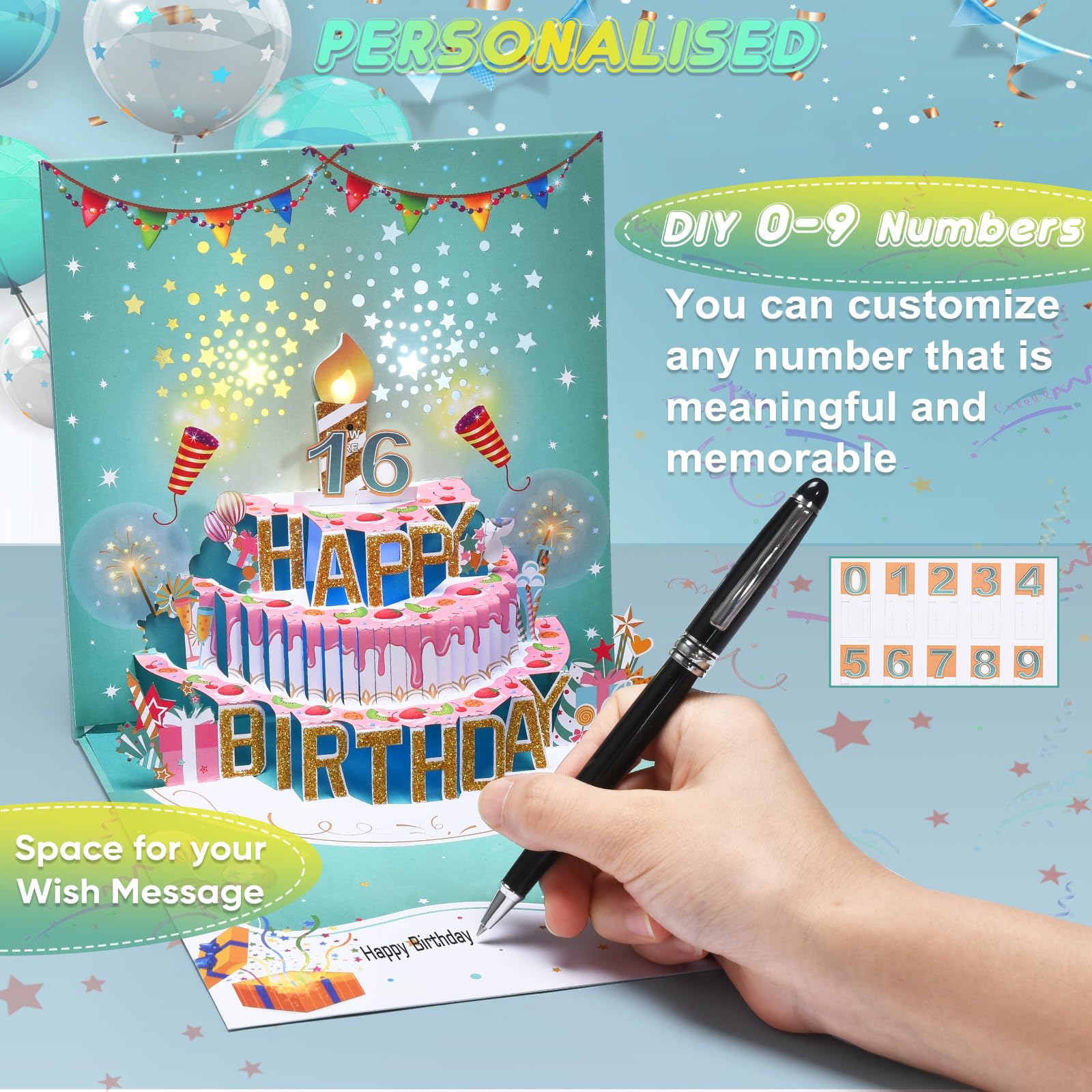 VIVIKEN Musical Birthday Cards, 3D Pop Up LIGHT Blowable Cake Happy Birthday Cards with Music and Cheers Sound, Funny Popup Greeting Card Birthday Gifts for Kids, Women, Men, Daughter, Mom