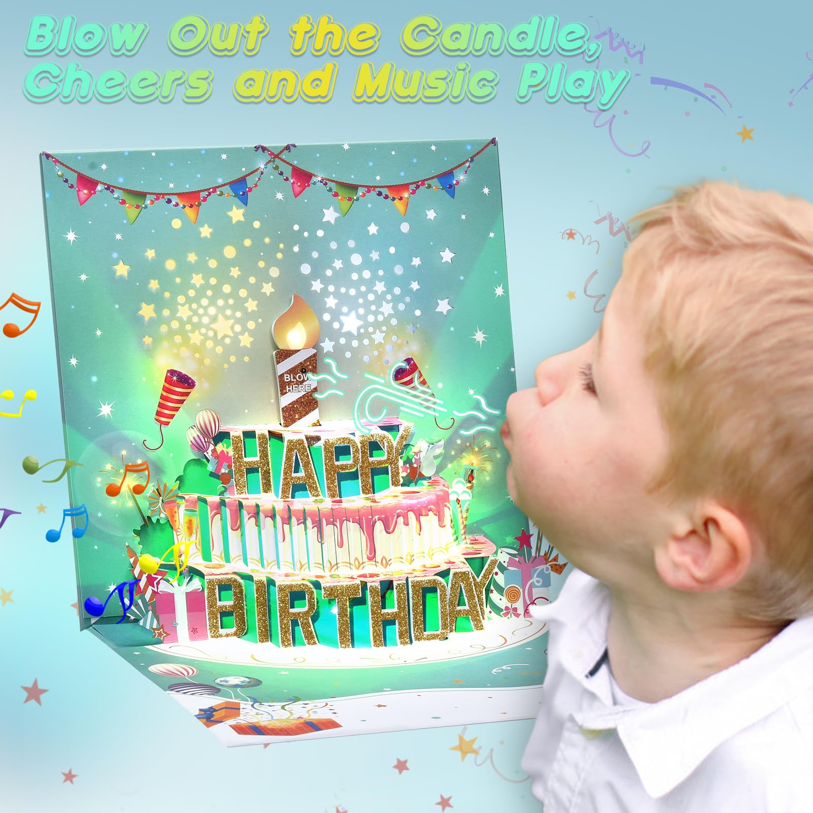 VIVIKEN Musical Birthday Cards, 3D Pop Up LIGHT Blowable Cake Happy Birthday Cards with Music and Cheers Sound, Funny Popup Greeting Card Birthday Gifts for Kids, Women, Men, Daughter, Mom