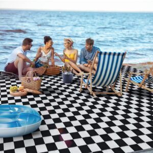 gotgelif black and white classic checkerboard outdoor area rug 9x12ft, reversible & water-resistance & portable plastic straw rug for rv trips, picnic, camping, outdoor, garden, patio