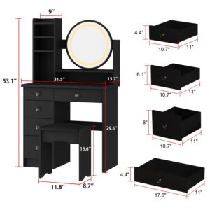 ECACAD Vanity Desk Set with LED Lighted Round Mirror, Makeup Dressing Table with 5 Drawers, Storage Shelves & Cushioned Stool for Bedroom, Black