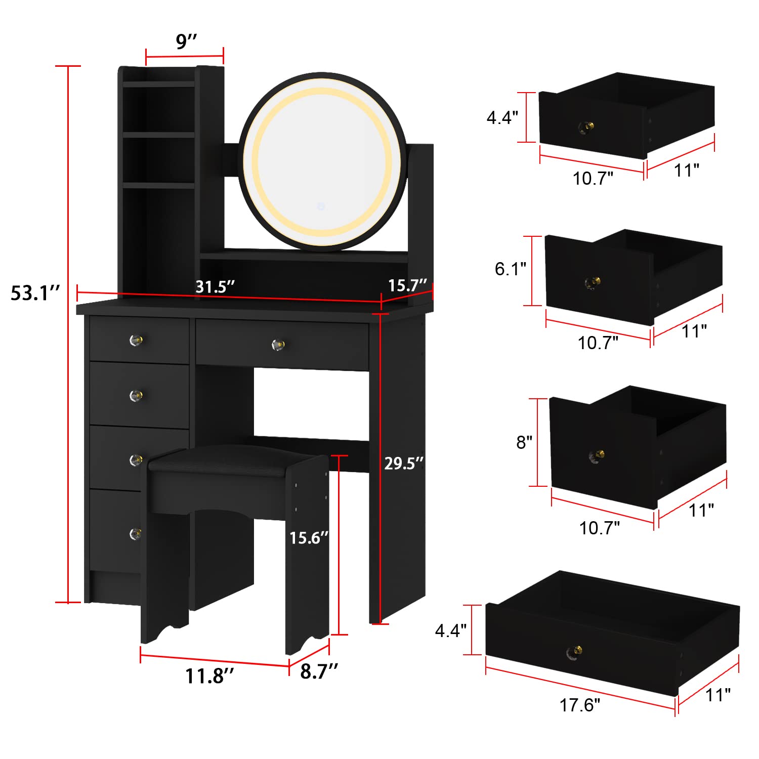 ECACAD Vanity Desk Set with LED Lighted Round Mirror, Makeup Dressing Table with 5 Drawers, Storage Shelves & Cushioned Stool for Bedroom, Black