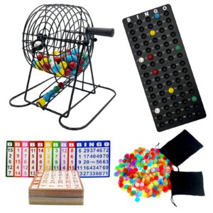 junwrrow deluxe bingo game set-includes bingo cage,600 colorful bingo chips with a bag,100 mixed bingo cards,75 calling balls with a bag,plastic master board-ideal for large groups, parties