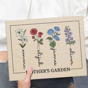 Bohva Personalized Gifts for Mom Wife Birth Month Flower with Name Mothers Garden, Custom Wall Art Print On Wood Mothers Day Anniversary Birthday Gifts from Daughter Son Husband