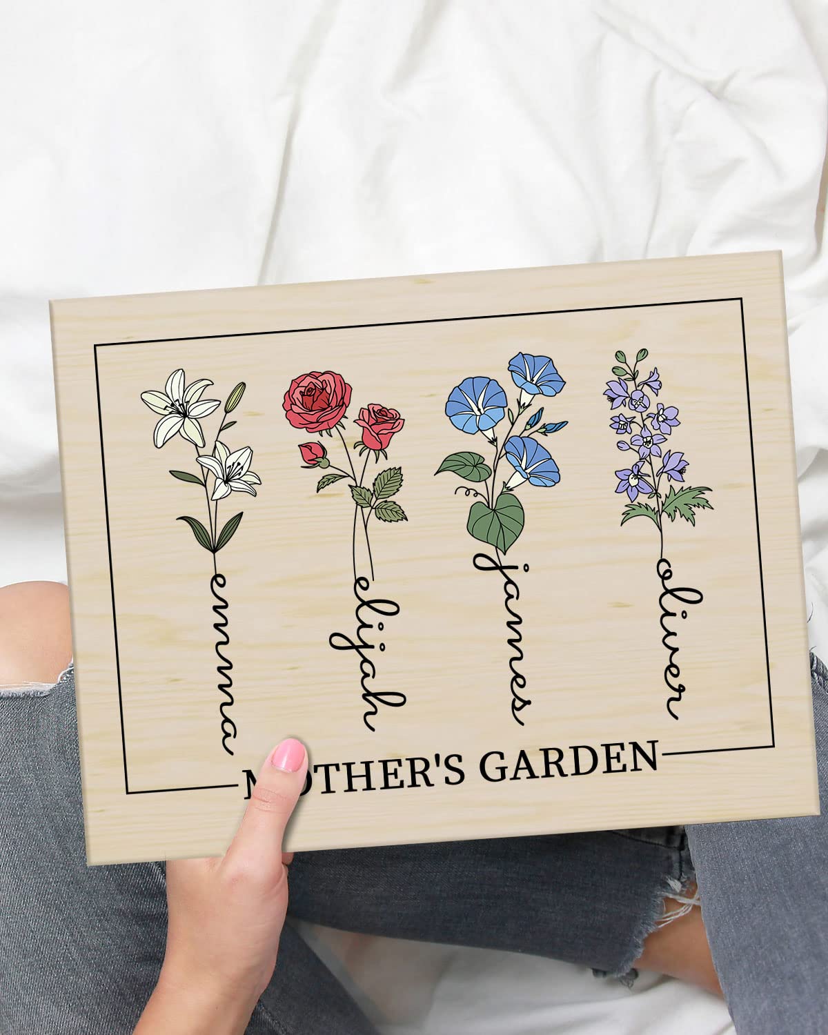 Bohva Personalized Gifts for Mom Wife Birth Month Flower with Name Mothers Garden, Custom Wall Art Print On Wood Mothers Day Anniversary Birthday Gifts from Daughter Son Husband