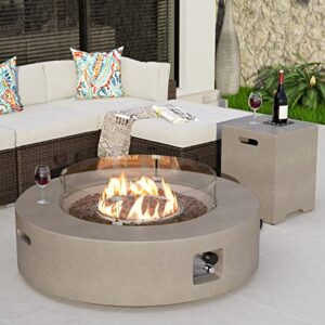 cosiest 2-piece outdoor propane firepit table set w tank table, 40.5-inch dark fire table 50,000 btu w gray round base,wind guard and 16 inches tank side table 20lb for garden,pool