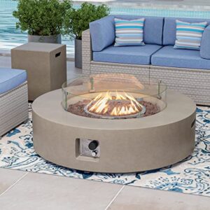 COSIEST 2-Piece Outdoor Propane Firepit Table Set w Tank Table, 40.5-inch Dark Fire Table 50,000 BTU w Gray Round Base,Wind Guard and 16 inches Tank Side Table 20lb for Garden,Pool